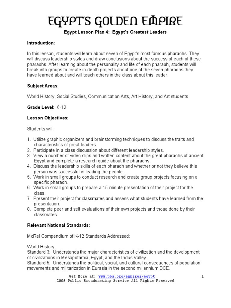 Egypt's Greatest Pharaohs Lesson | PDF | Lesson Plan | Leadership