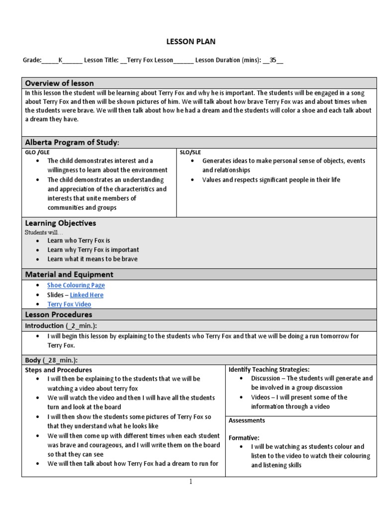 Terry Fox Lesson Plan | PDF | Neuropsychological Assessment ...
