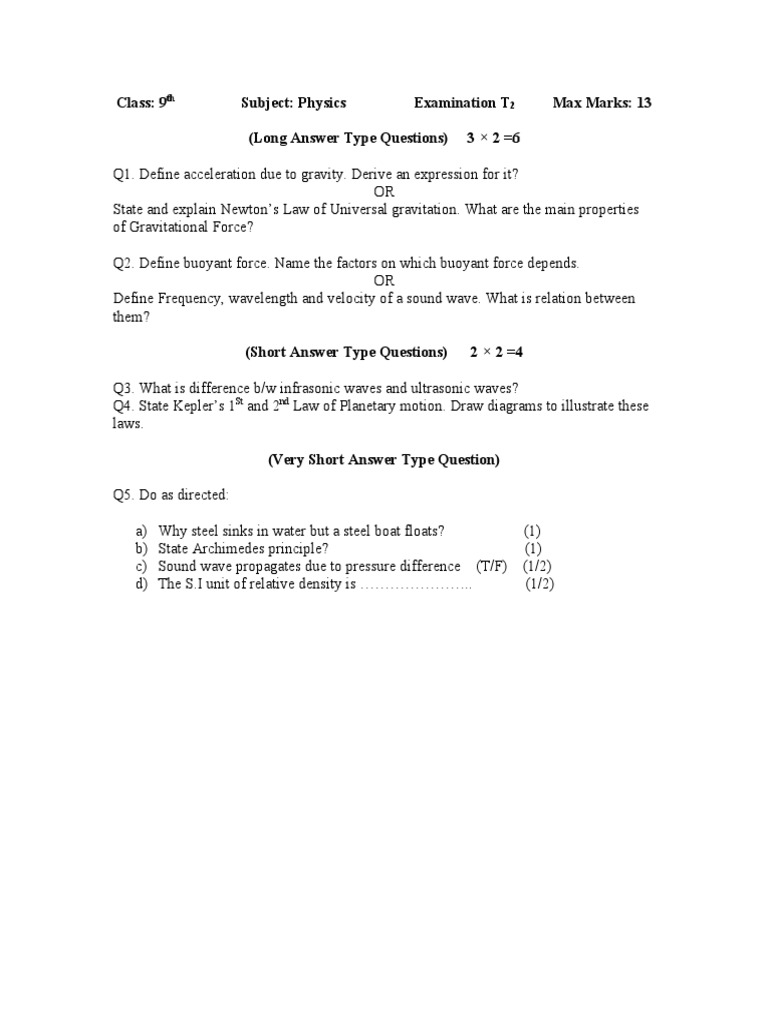 Class: 9 Subject: Physics Examination T Max Marks: 13 (Long Answer Type ...