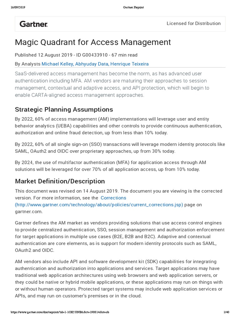 Gartner Magic Quadrant For Access Management August 2019 | PDF | Cloud ...