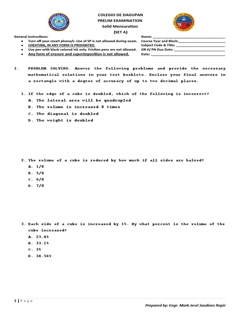 Solid Mensuration Prelim Set A | PDF | Volume | Convex Geometry