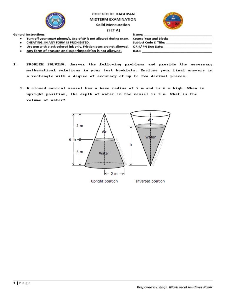 Solid Mensuration Semifinal Set A | PDF | Sphere