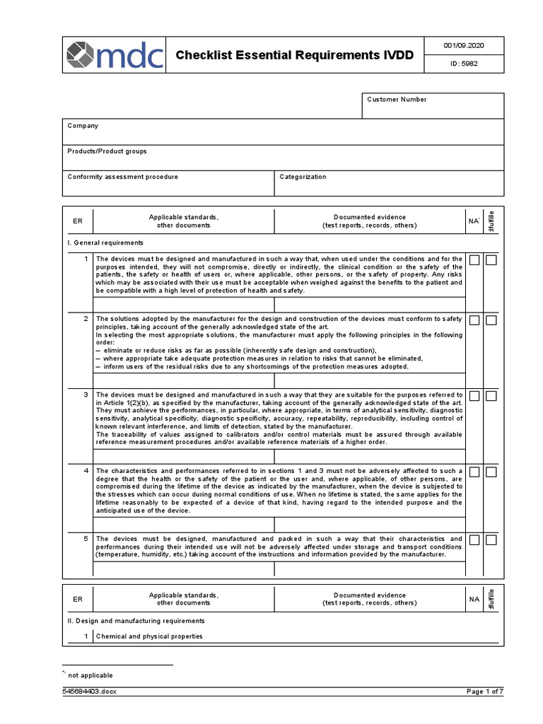 IVDD Essential Requirements Checklist | PDF | Sterilization ...