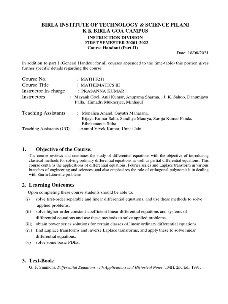 BIT Pilani Goa Campus Math III Course Details | PDF | Equations | Partial Differential Equation