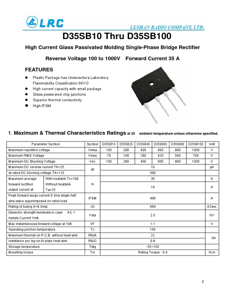 D35SB10 Thru D35SB100 | PDF | Rectifier | Electronics