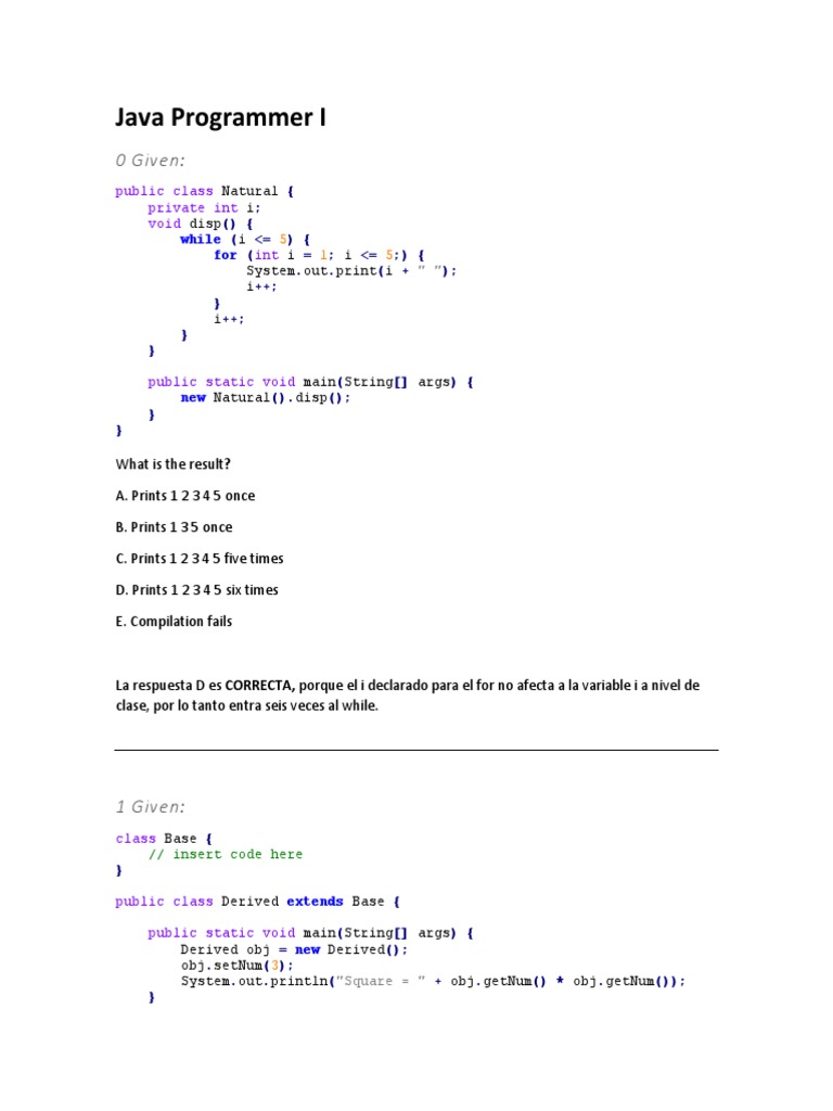 Examen Java Programmer I Con Respuestas Explicadas | PDF | Java (lenguaje de programación ...