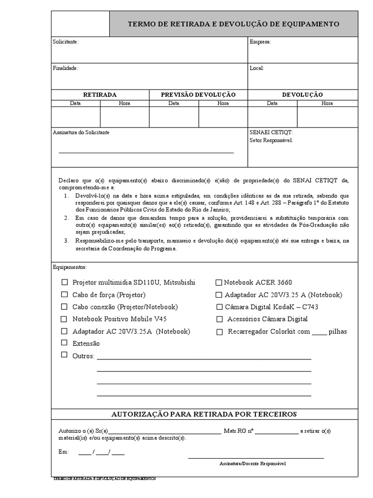 Termo de Retirada e Devolução de Equipamentos | PDF | Finanças e ...