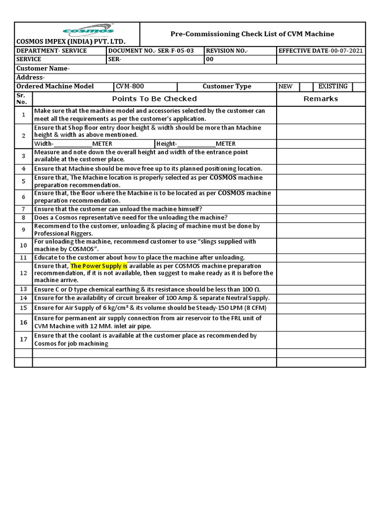 CVM Machine Preinstallation Visit Checklist | PDF | Electrical ...