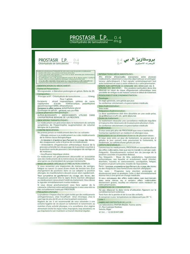 Prostasir LP 04mg Notice Frater Razes | PDF | Spécialités médicales ...