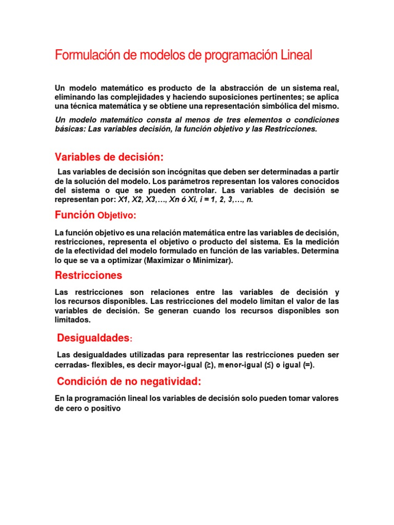 2 Teoria Formulación de Modelos de Programación Lineal | PDF | Programación lineal | Desigualdad ...