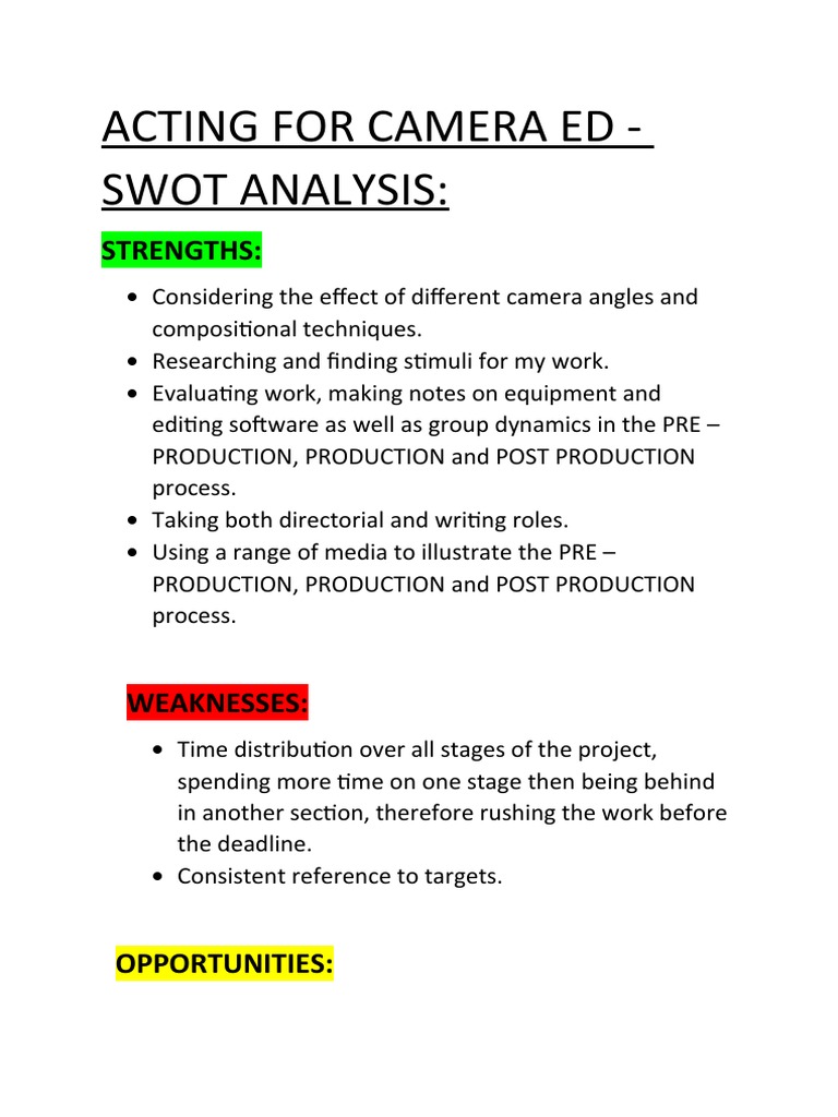 Acting For Camera Ed Swot Analysis Pdf 