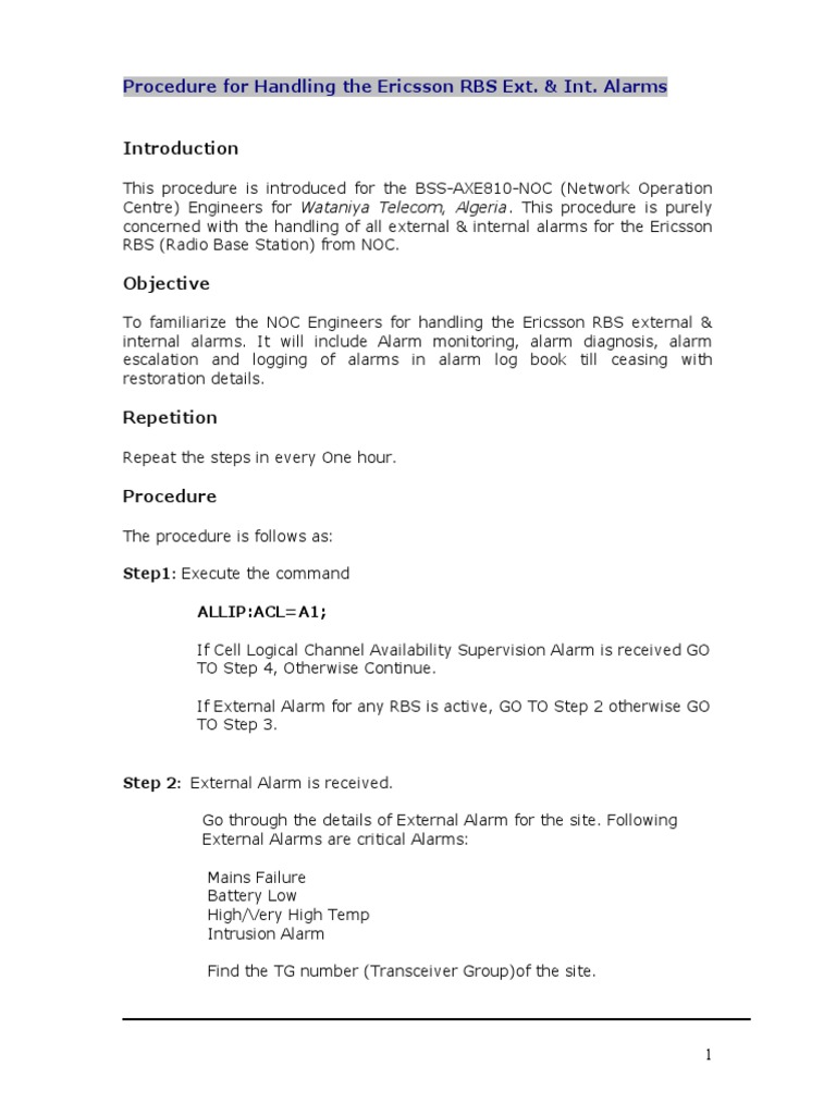 P02 - Procedure For Handling The RBS External & Internal Alarms | PDF ...