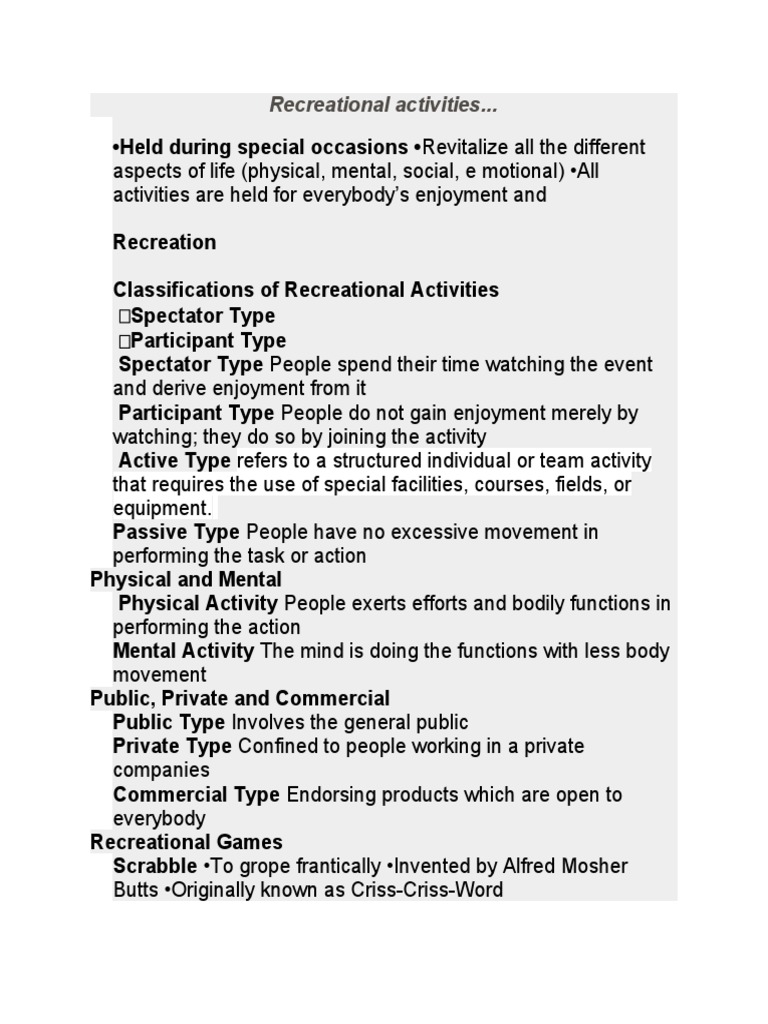 Recreational Activities | PDF | Recreation | Mind