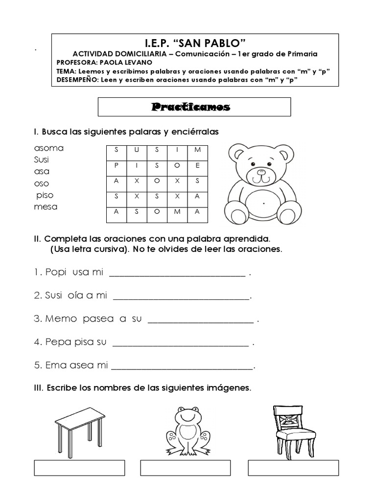 Actividad Domiciliaria - Oraciones Usando Palabras Con S | PDF