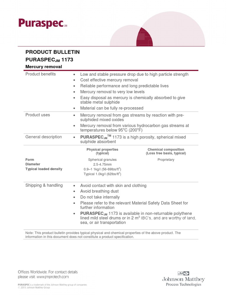 Puraspec JM 1173 Mercury Removal Bulletin | PDF