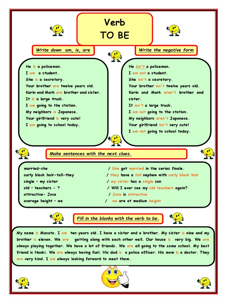 Verb To Be: Write Down Am, Is, Are Write The Negative Form | PDF