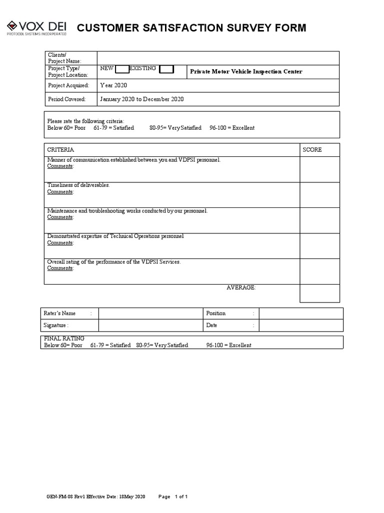 Customer Satisfaction Survey Form: Year 2020 January 2020 To December ...