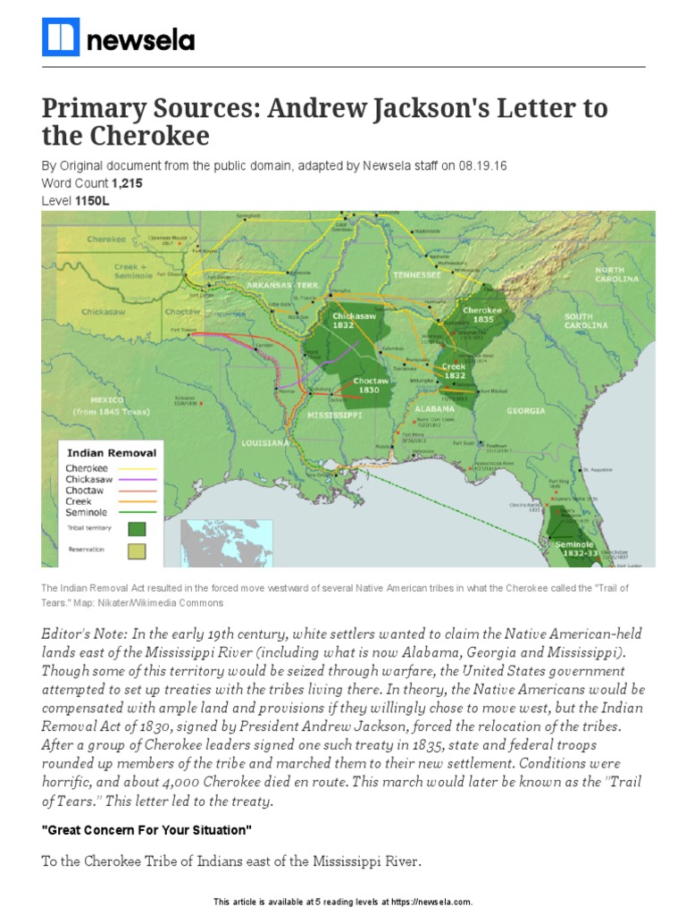 Primary Sources - Andrew Jackson's Letter To The Cherokee | PDF ...