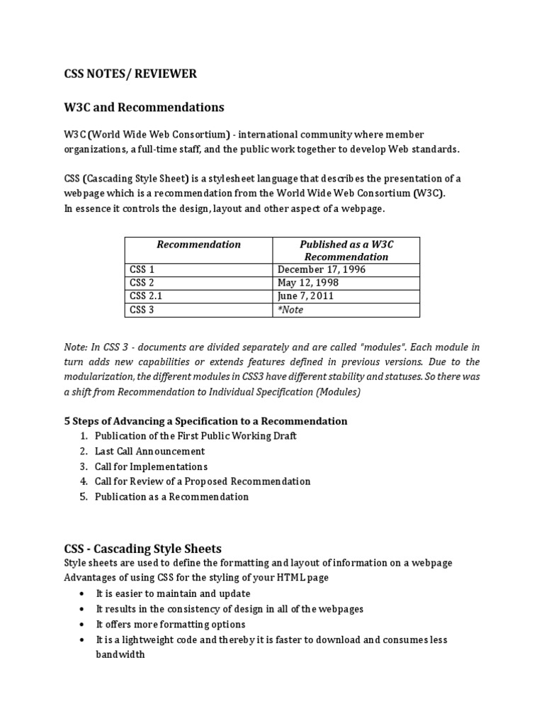 CSS NOTES Reviewer | PDF | World Wide Web Consortium | Text