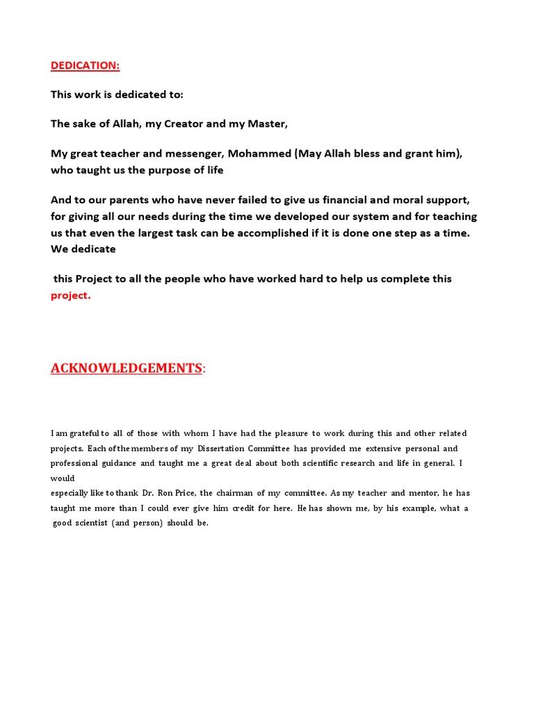 Dedication Examples For A Student Project PDF | PDF