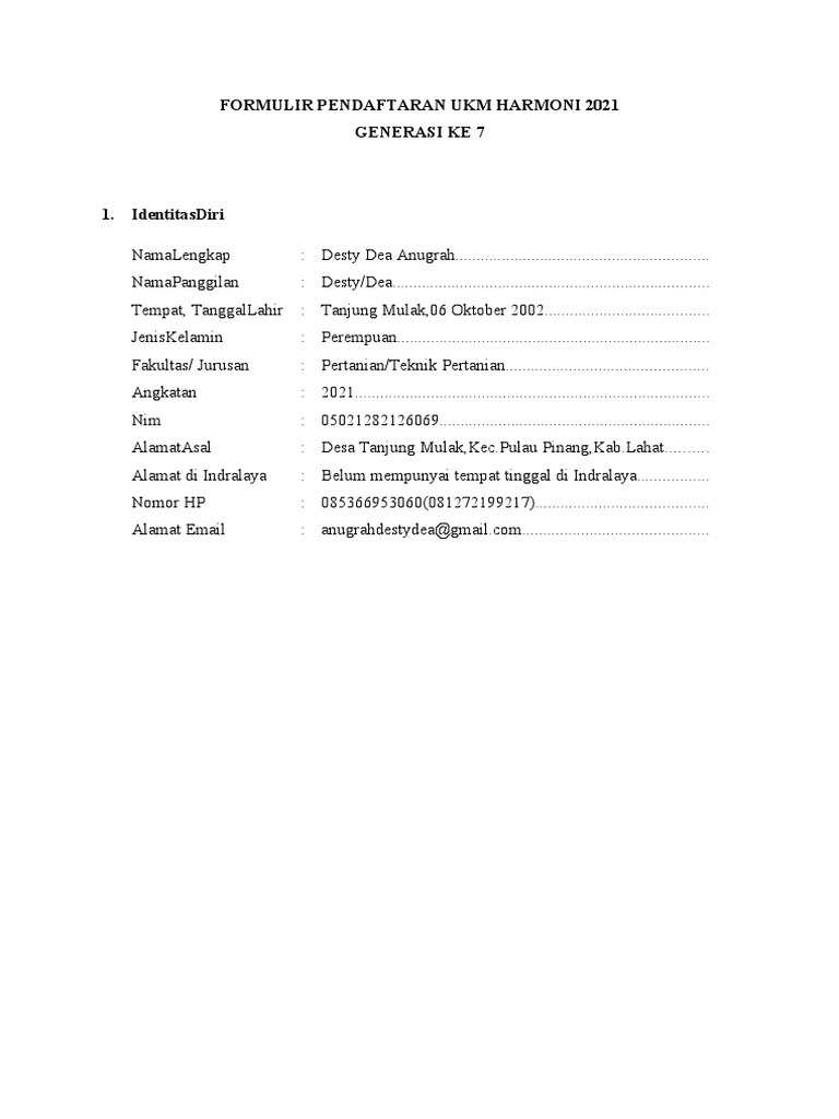 Formulir Pendaftran Harmoni | PDF