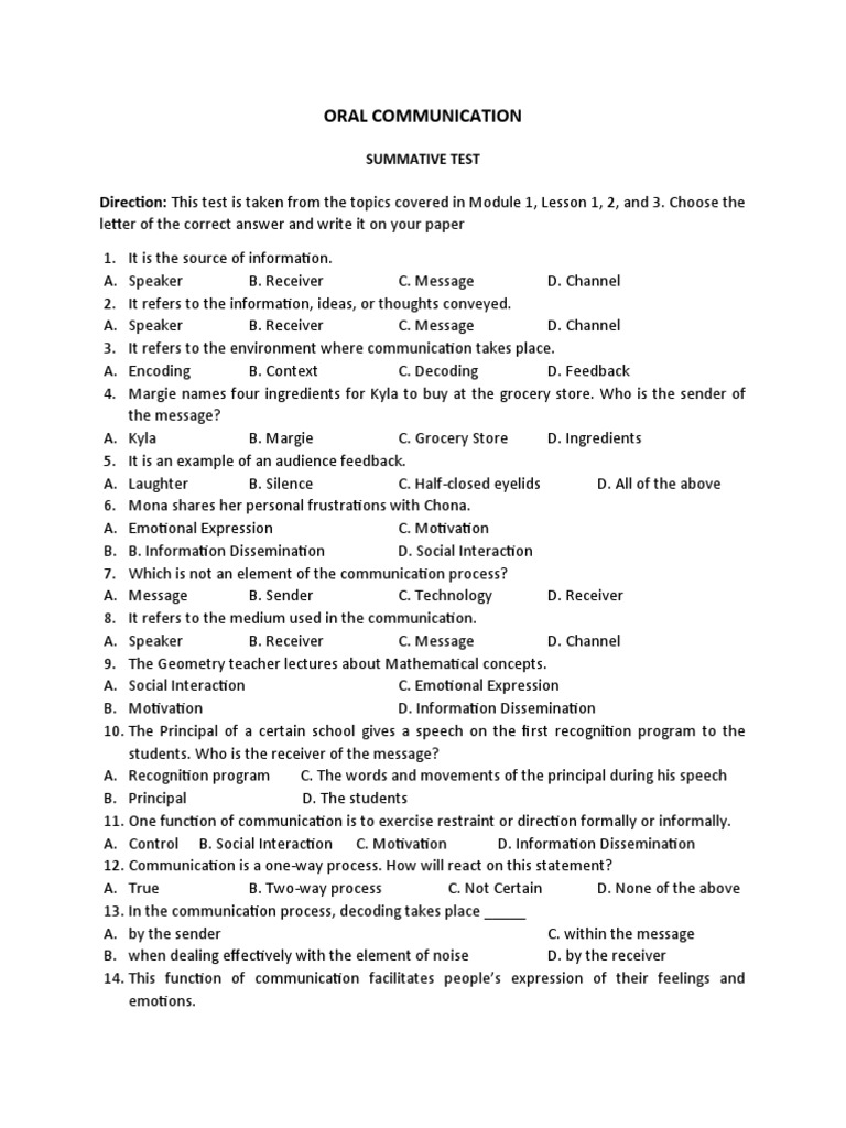 1st Summative Test Oral Comm. | PDF | Communication | Information