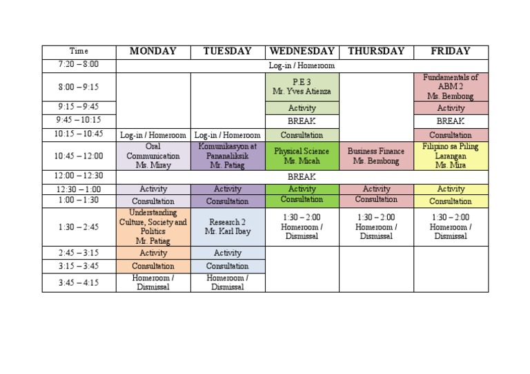 Weekly Class Schedule for a High School with Details on Course Subjects ...
