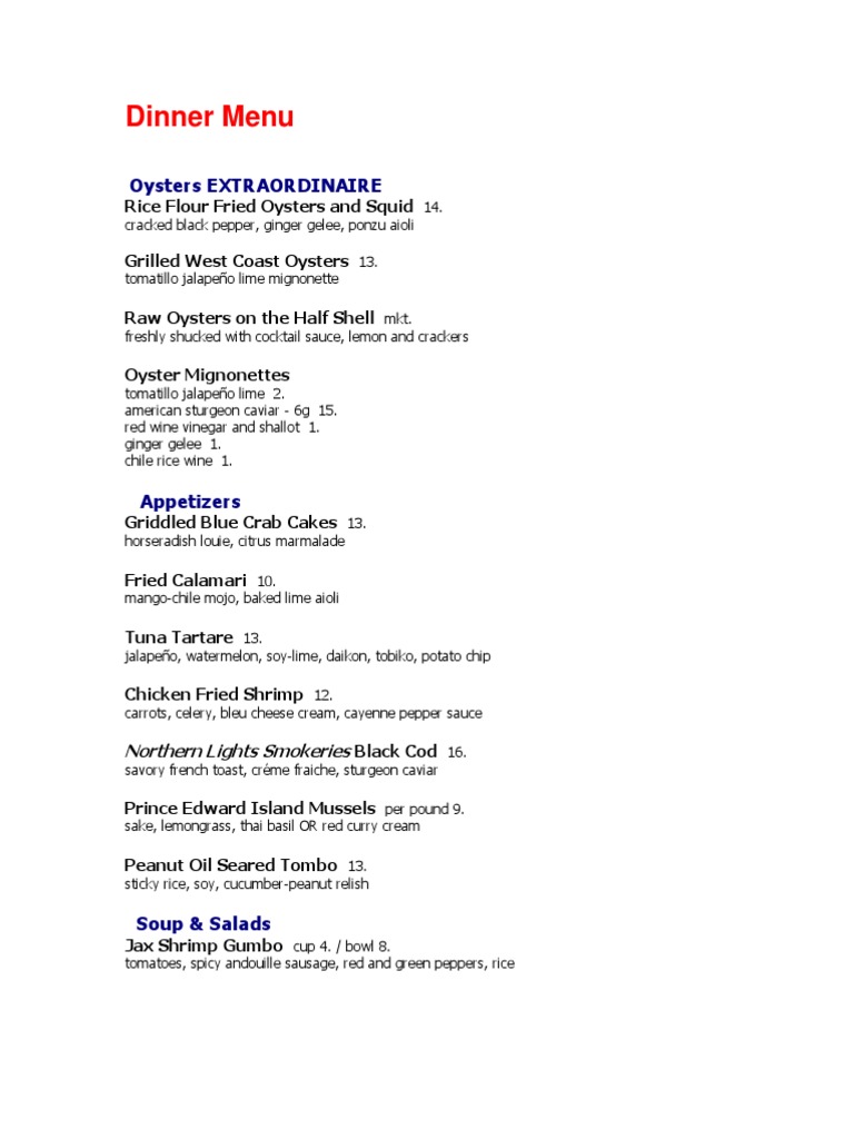 Dinner Menu | PDF | Salad | Cuisine