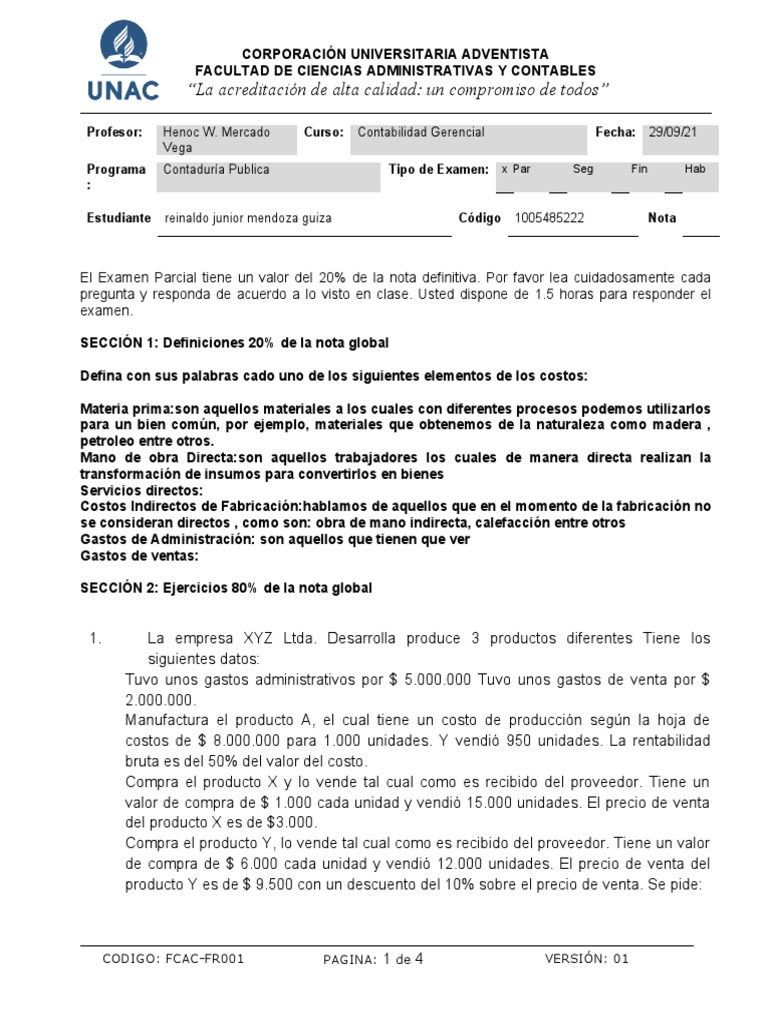 Examen Parcial Contabilidad Gerencial 2021-02 | PDF | Costo | Contabilidad