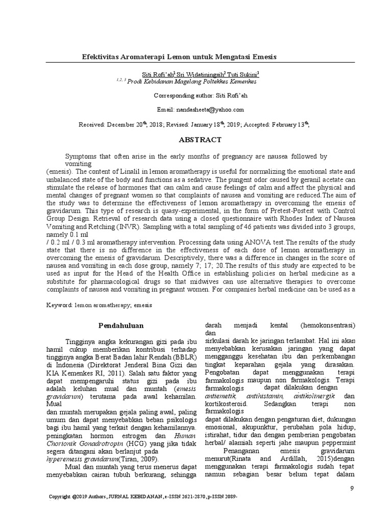 Efektivitas Aromaterapi Lemon Untuk Mengatasi Emesis Gravidarum | PDF ...