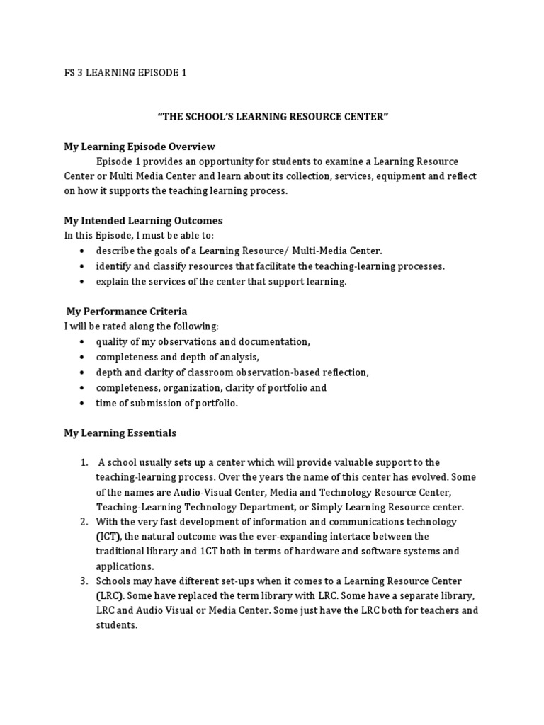 "The School'S Learning Resource Center" My Learning Episode Overview ...