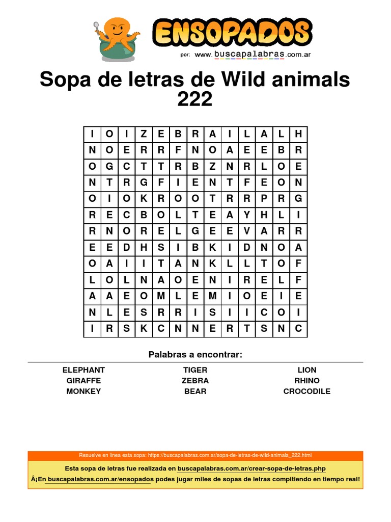 Sopa de Letras de Wild Animals 222 | PDF