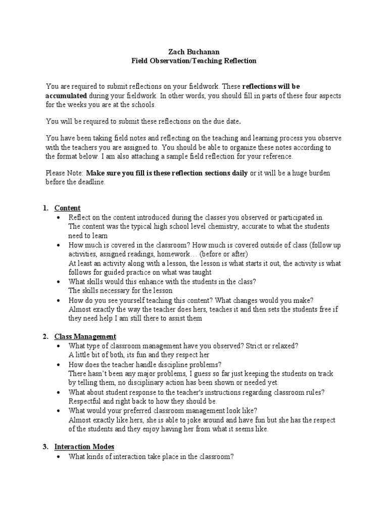 Field Observation Reflection #1 | PDF | Teachers | Classroom