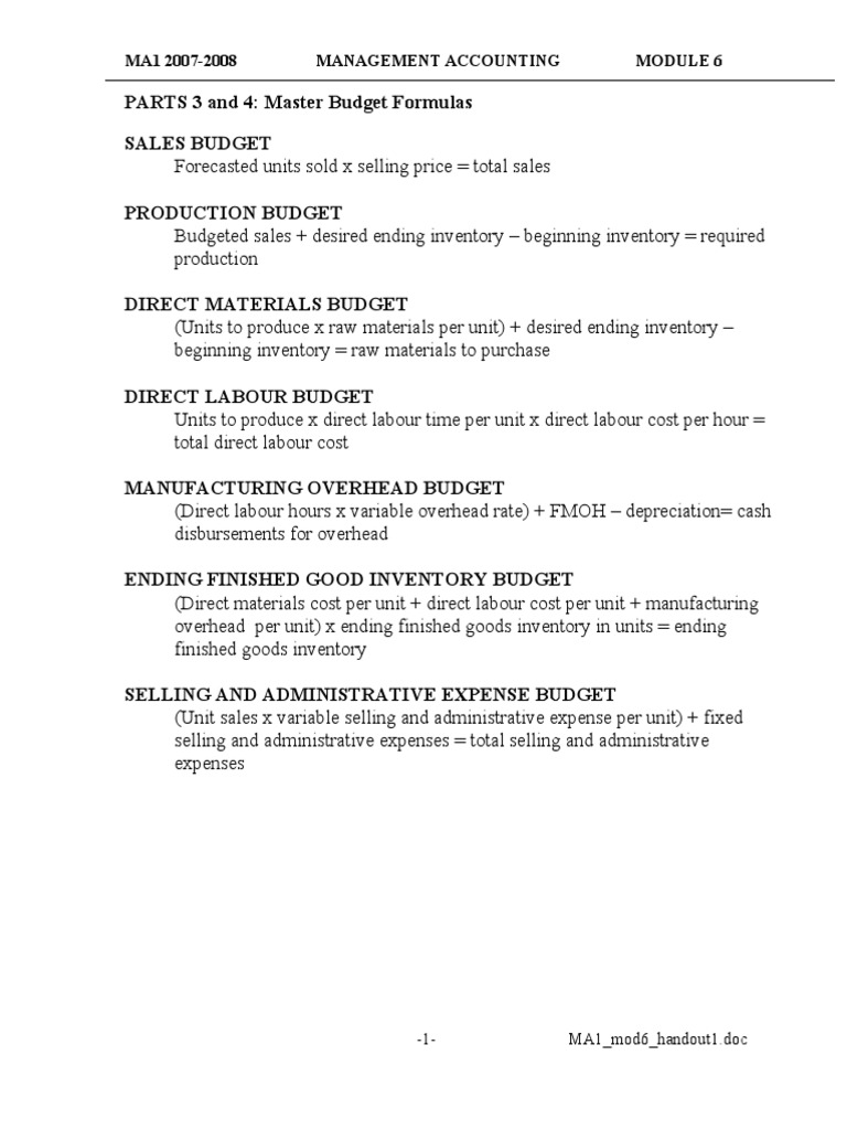 Master Budget Formulas Module 6 Management Accounting | PDF | Inventory | Gross Margin