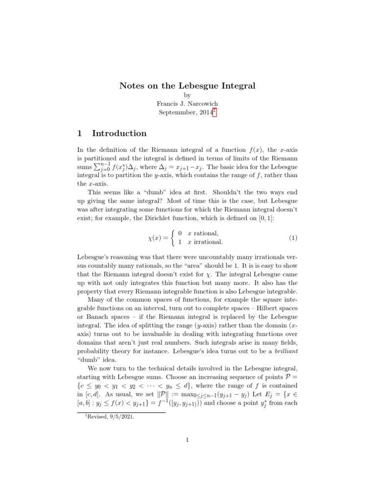 Notes On The Lebesgue Integral: Revised, 9/5/2021 | PDF | Measure ...