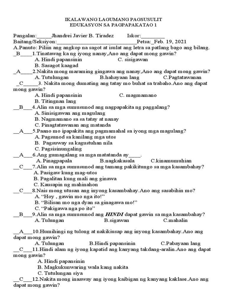 Ikalawang Lagumang Pagsusulit Sa Grade 1 | PDF