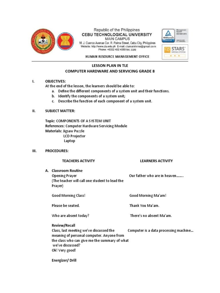 Lesson Plan in Tle Computer Hardware and Components | PDF | Computer ...