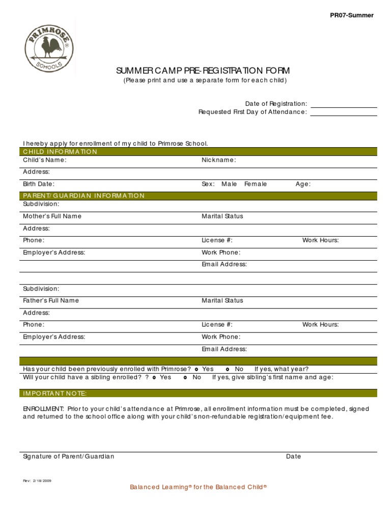 Summer Camp Pre-Registration Form | PDF