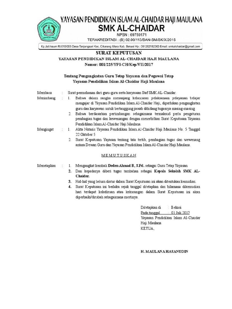 Contoh SK Penugasan Yayasan | PDF