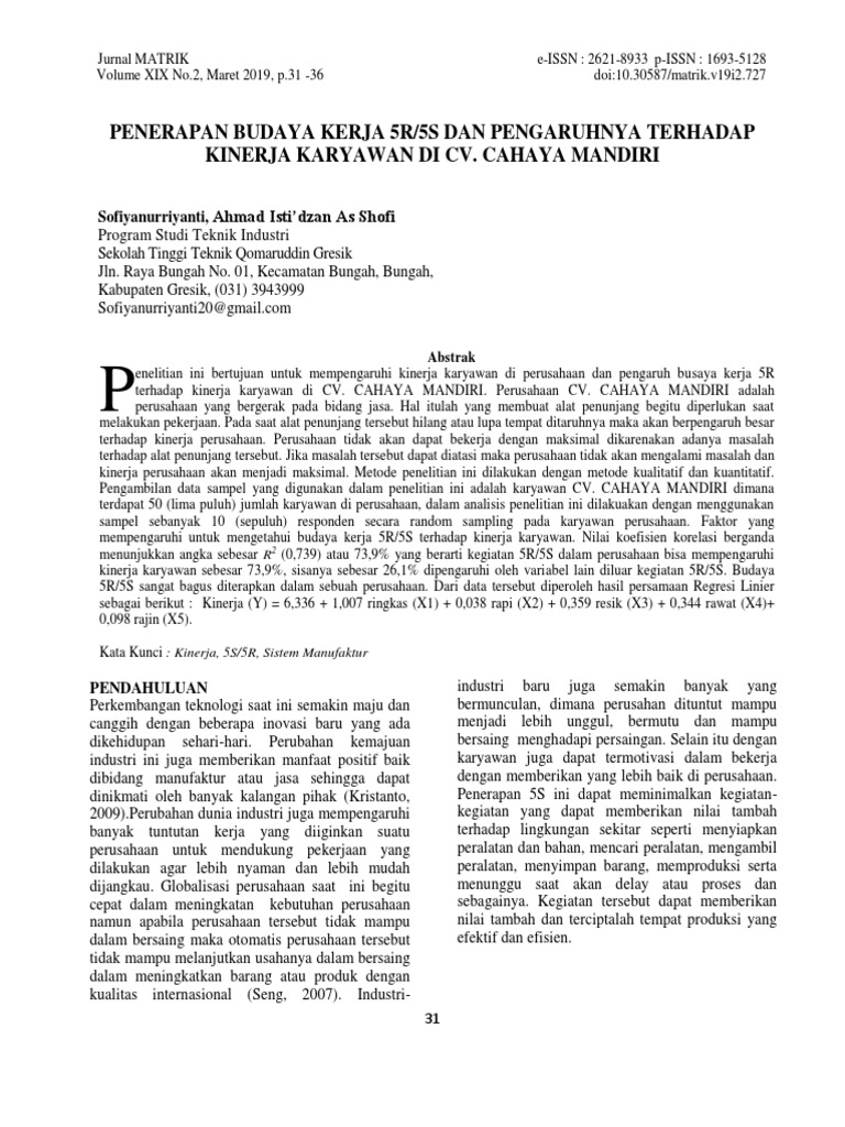 Penerapan Budaya Kerja 5R - 5S Dan Pengaruhnya Terhadap Kinerja ...