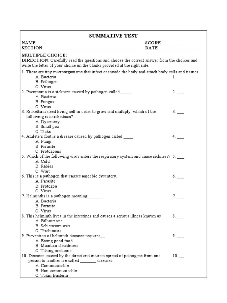 Summative Test in Arts & Health 8 (3rd Grading) | PDF | Pathogen ...