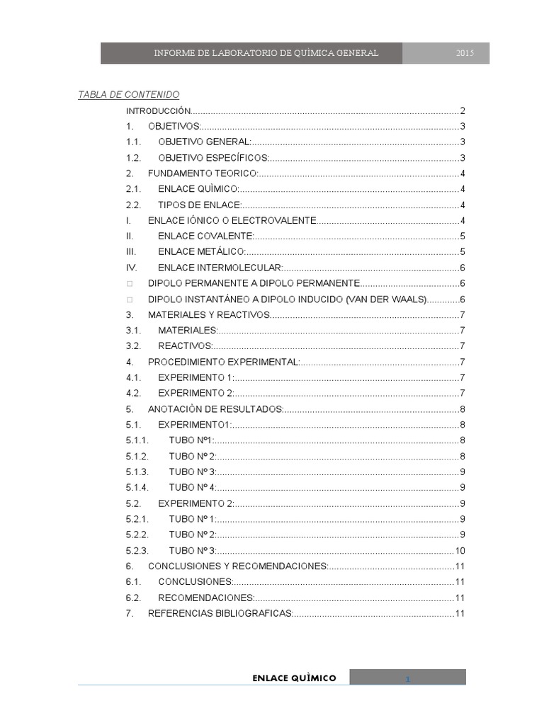 Informe de Enlace Quimico | PDF | Enlace químico | Compuestos químicos Informe de Enlace Quimico | PDF | Enlace químico | Compuestos químicos