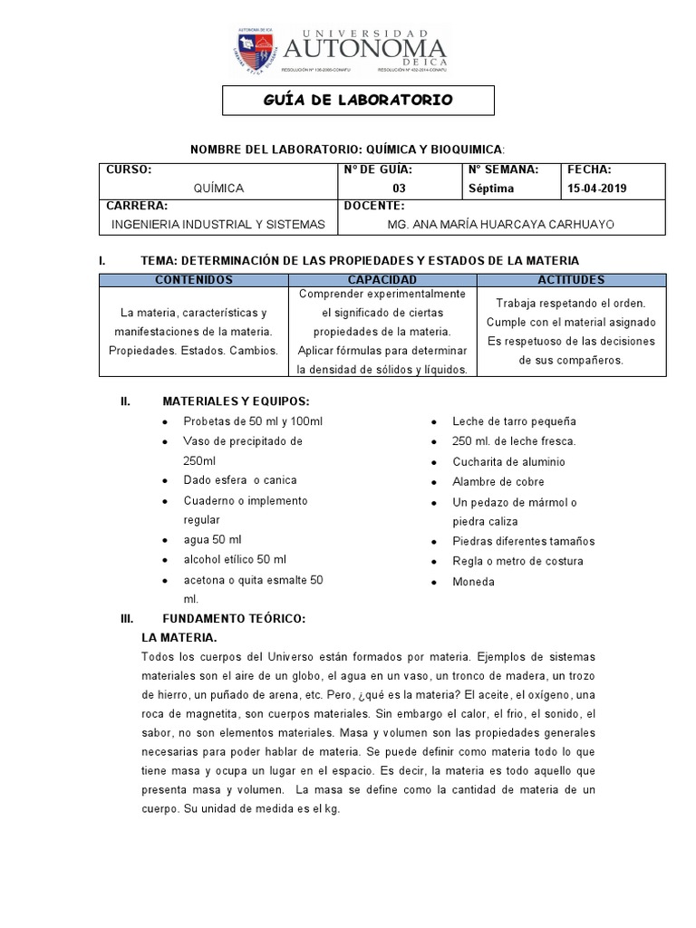 Práctica de Laboratorio N°3 PROPIEDADES Y ESTADOS DE LA MATERIA | PDF ...