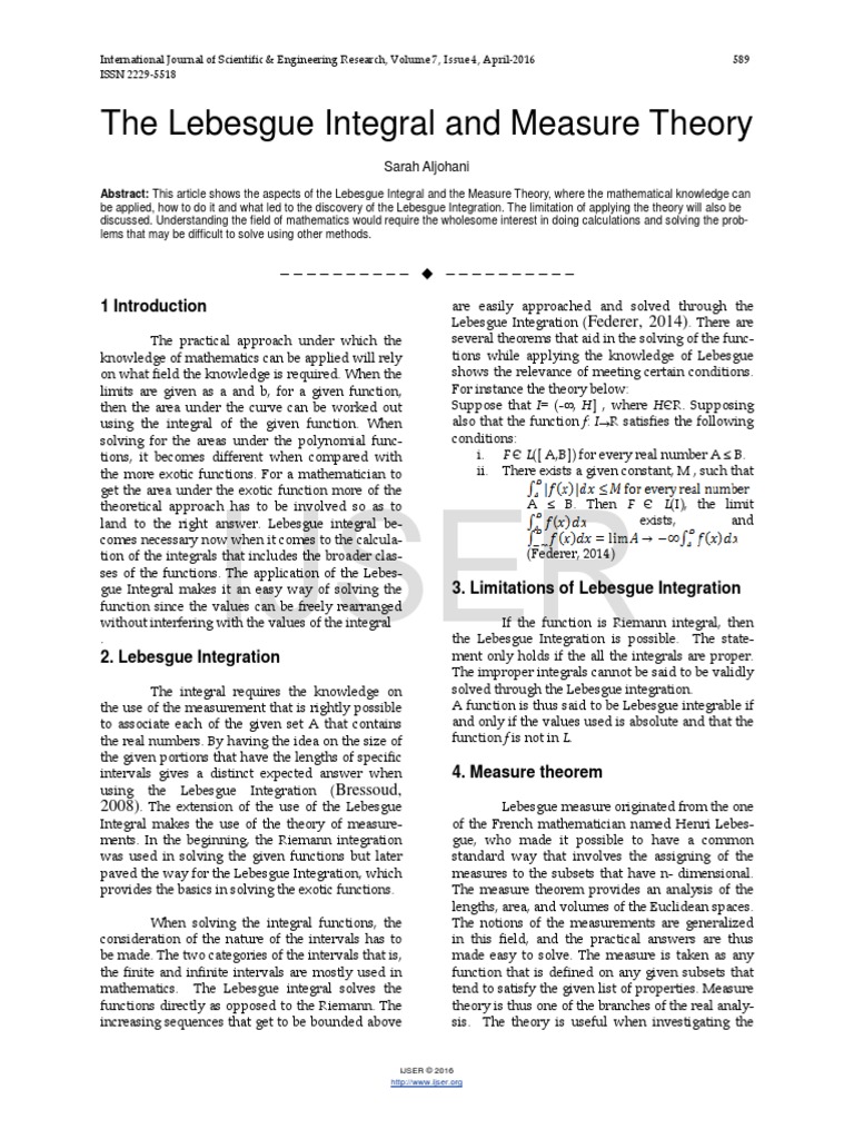 Ijser: The Lebesgue Integral and Measure Theory | PDF | Lebesgue ... Ijser: The Lebesgue Integral and Measure Theory | PDF | Lebesgue ...