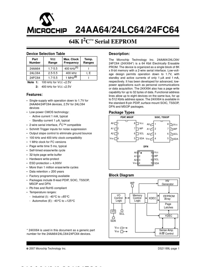 24AA64/24LC64/24FC64: 64K I C Serial EEPROM | PDF | Bit | Pointer (Computer Programming)