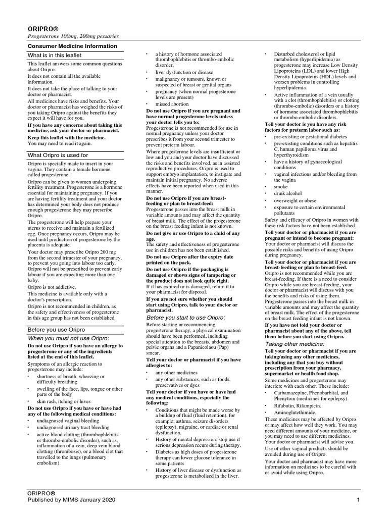 Oripro®: What Is in This Leaflet | PDF | Pregnancy | Breastfeeding