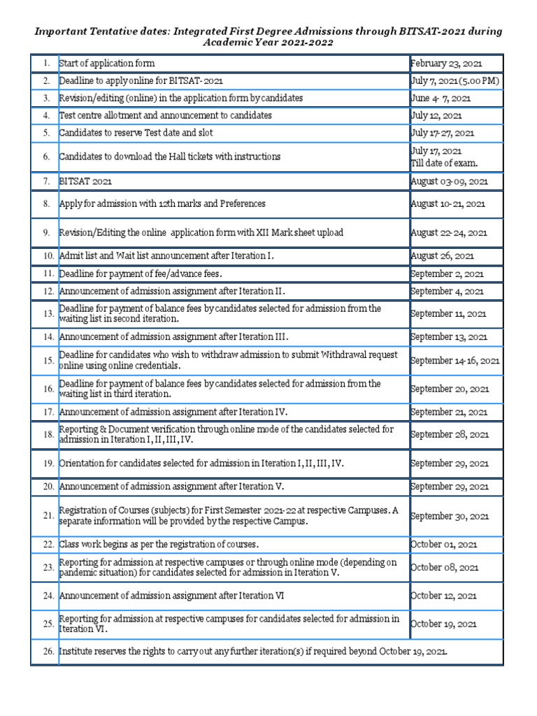 Important Tentative BITSAT Dates - 21-September-2021 | PDF | University ...