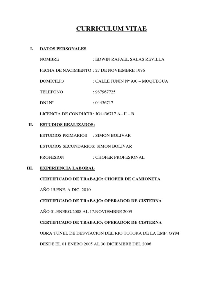 CV - Camioneta Edwin | PDF