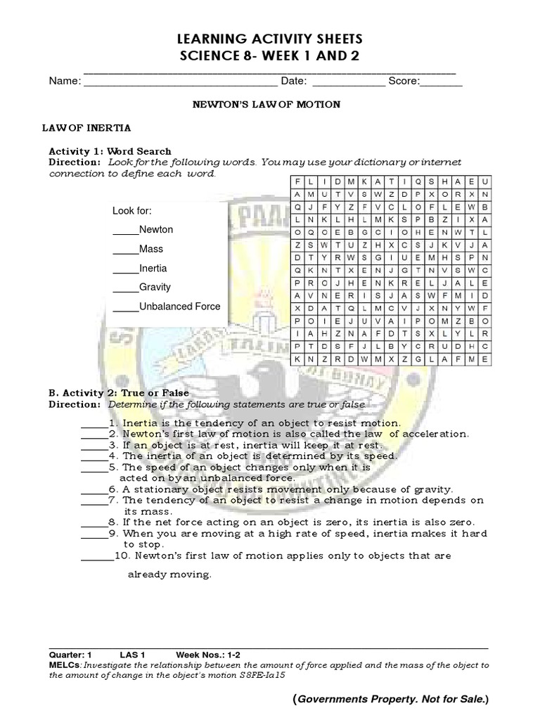 Learning Activity Sheets Science 8-Week 1 and 2 | PDF | Force | Inertia