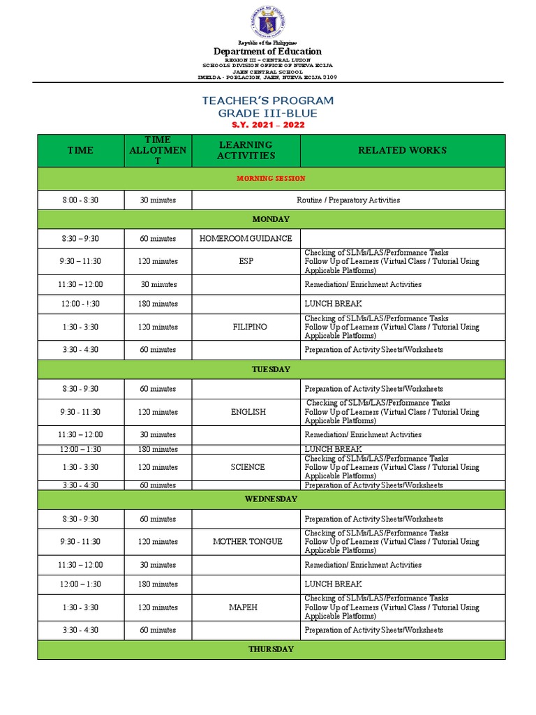 Teacher's Weekly Lesson Plan and Schedule for Grade III Students of ...